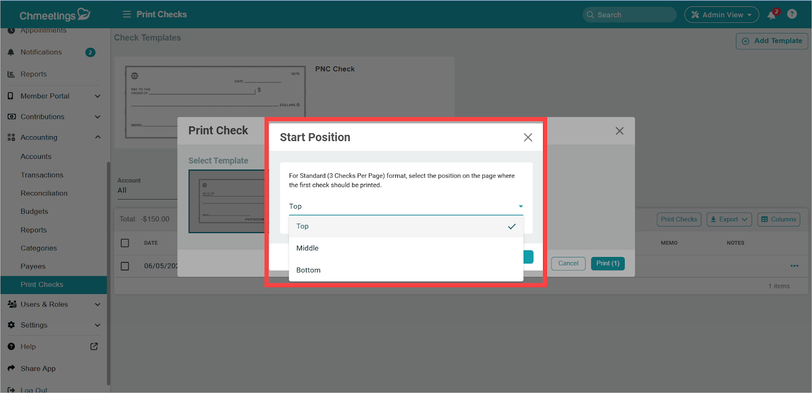 Print Checks – Chmeetings