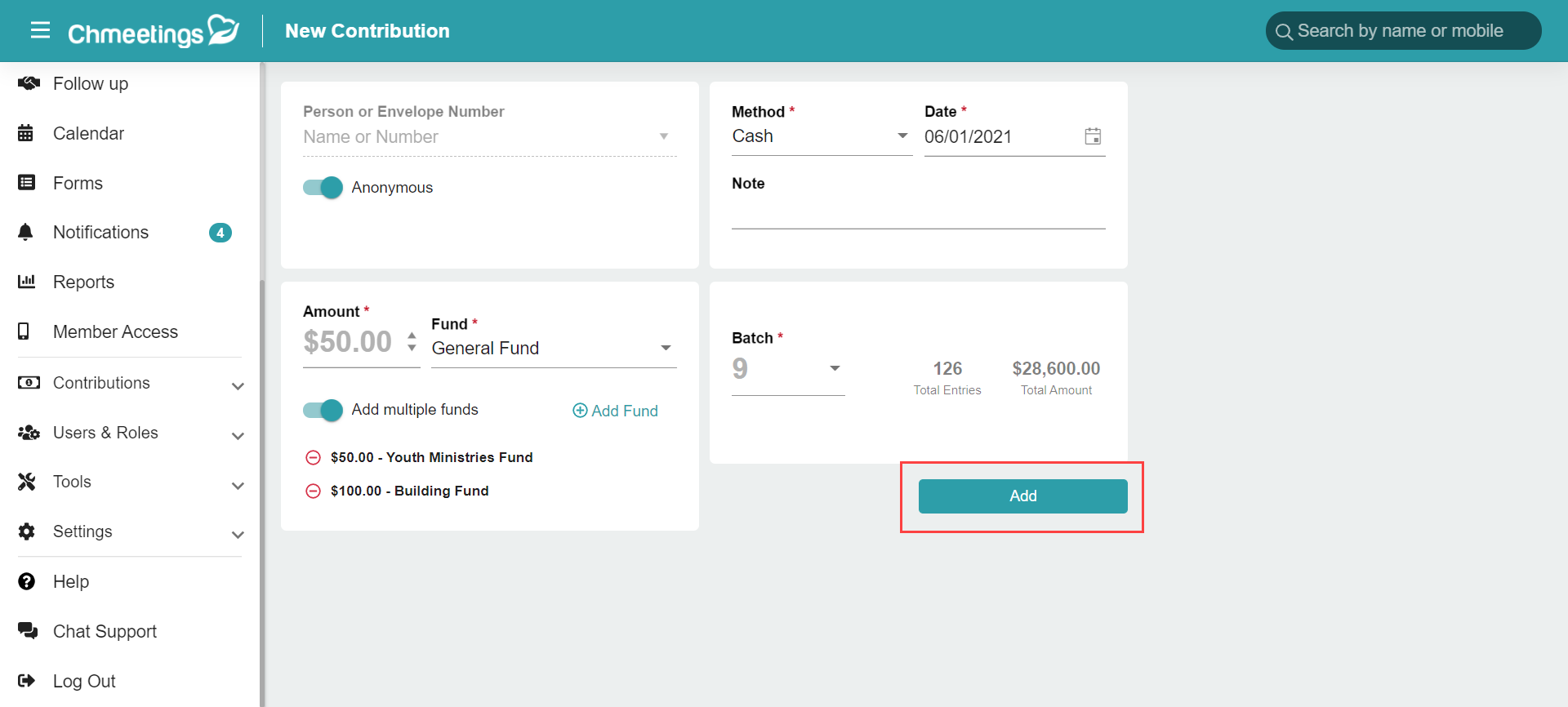 How to add, edit or delete a contribution? – Chmeetings