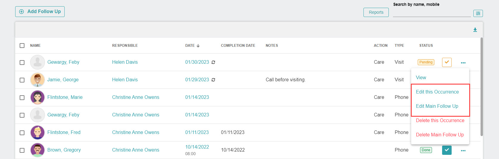 Working with follow ups – Chmeetings